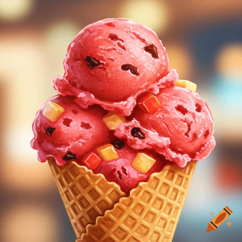 Close-up of a waffle cone filled with three scoops of red ice cream ...