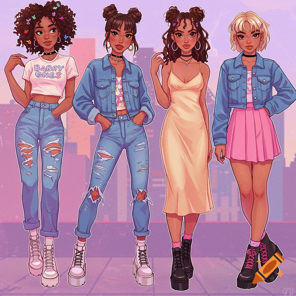 Stylized illustration of four young women wearing 90s fashion outfits ...
