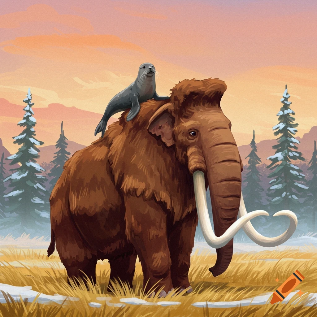 A seal rides a woolly mammoth through a snowy landscape in an ...