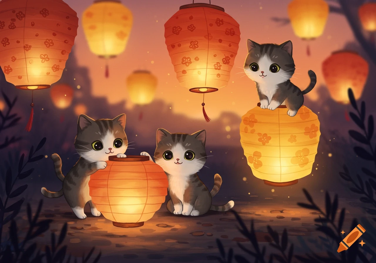 Three cute illustrated cats pose among glowing lanterns at dusk in a ...
