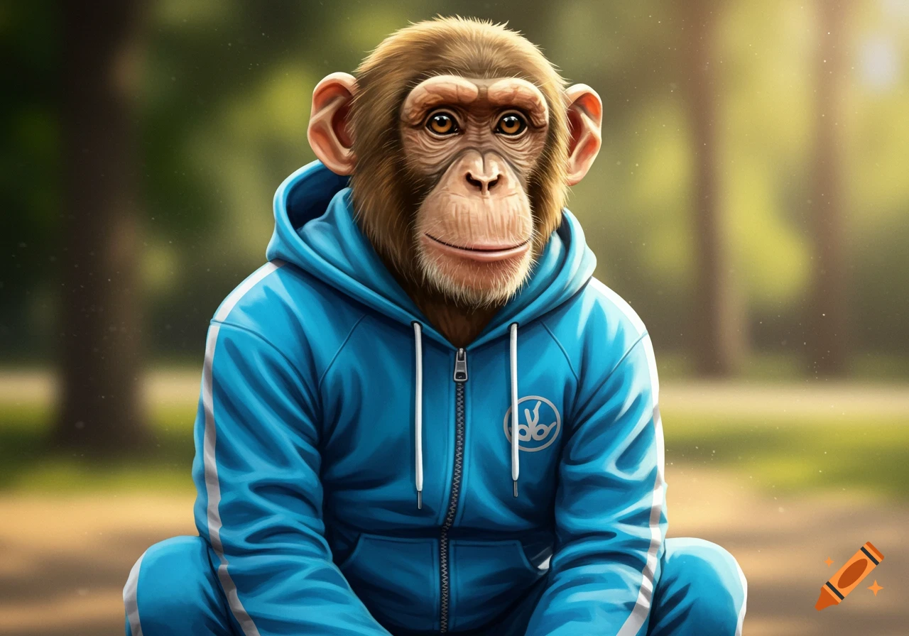 A chimpanzee wearing a blue tracksuit sits outdoors. on Craiyon