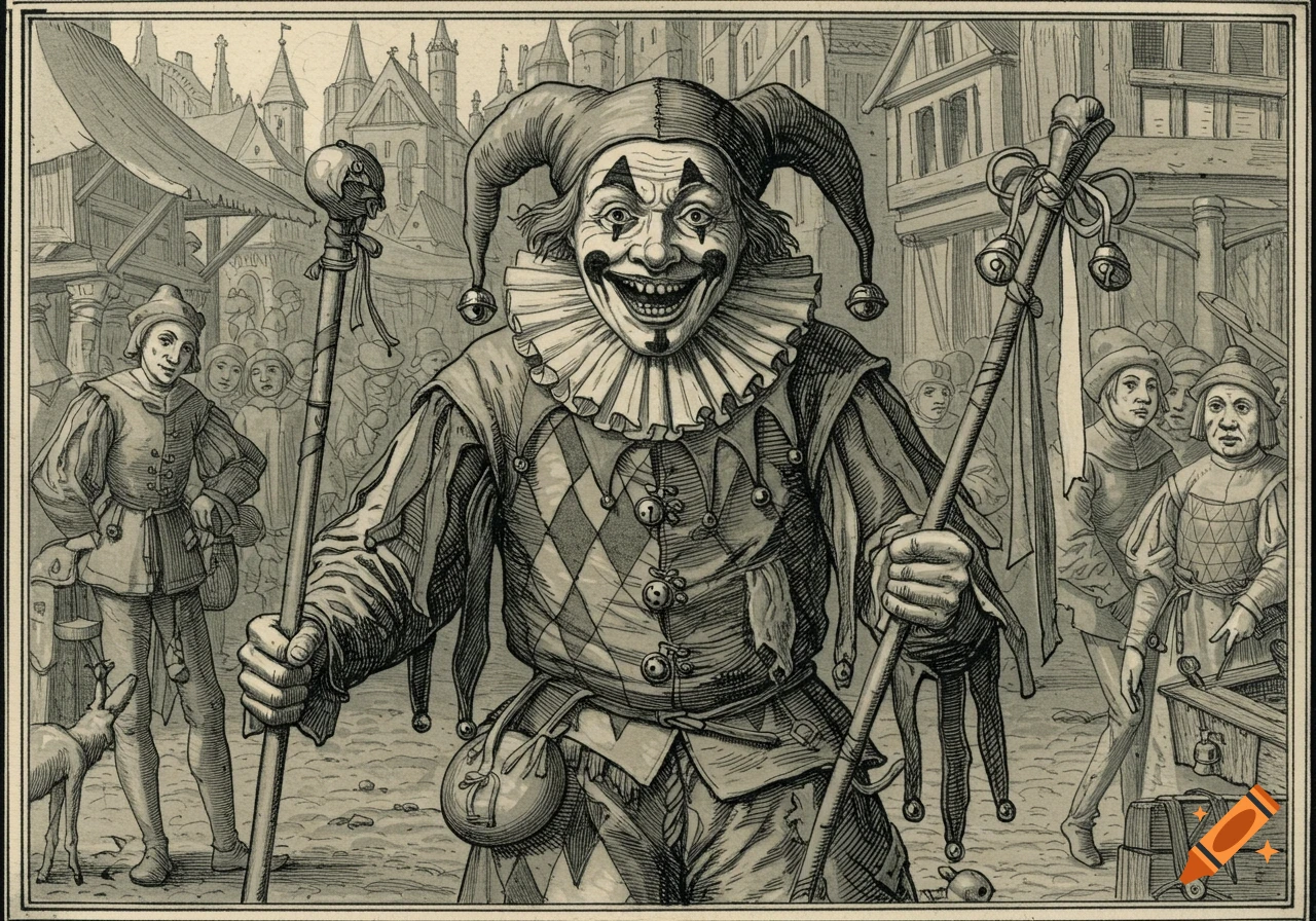 A medieval jester with a wide grin stands in a town square, holding ...