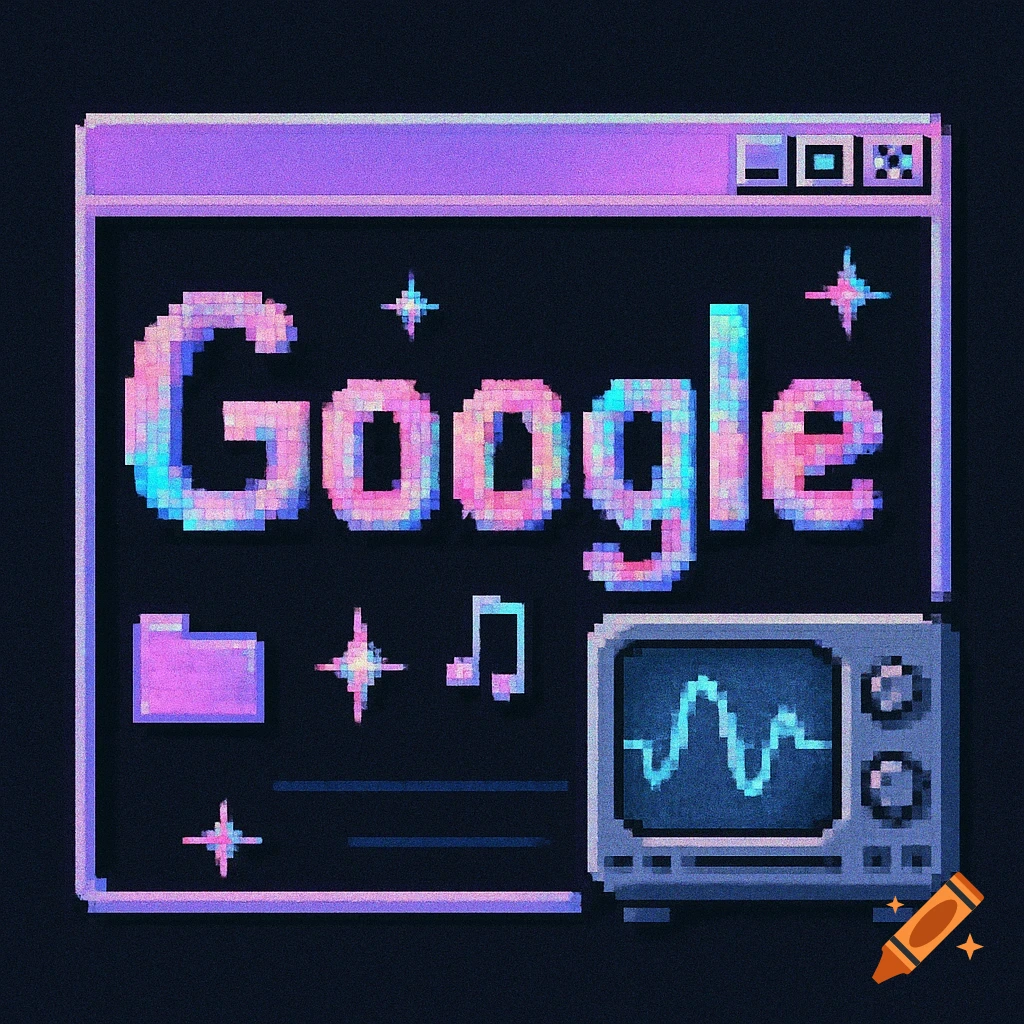 Pixelated Google logo in a retro computer window with icons and ...
