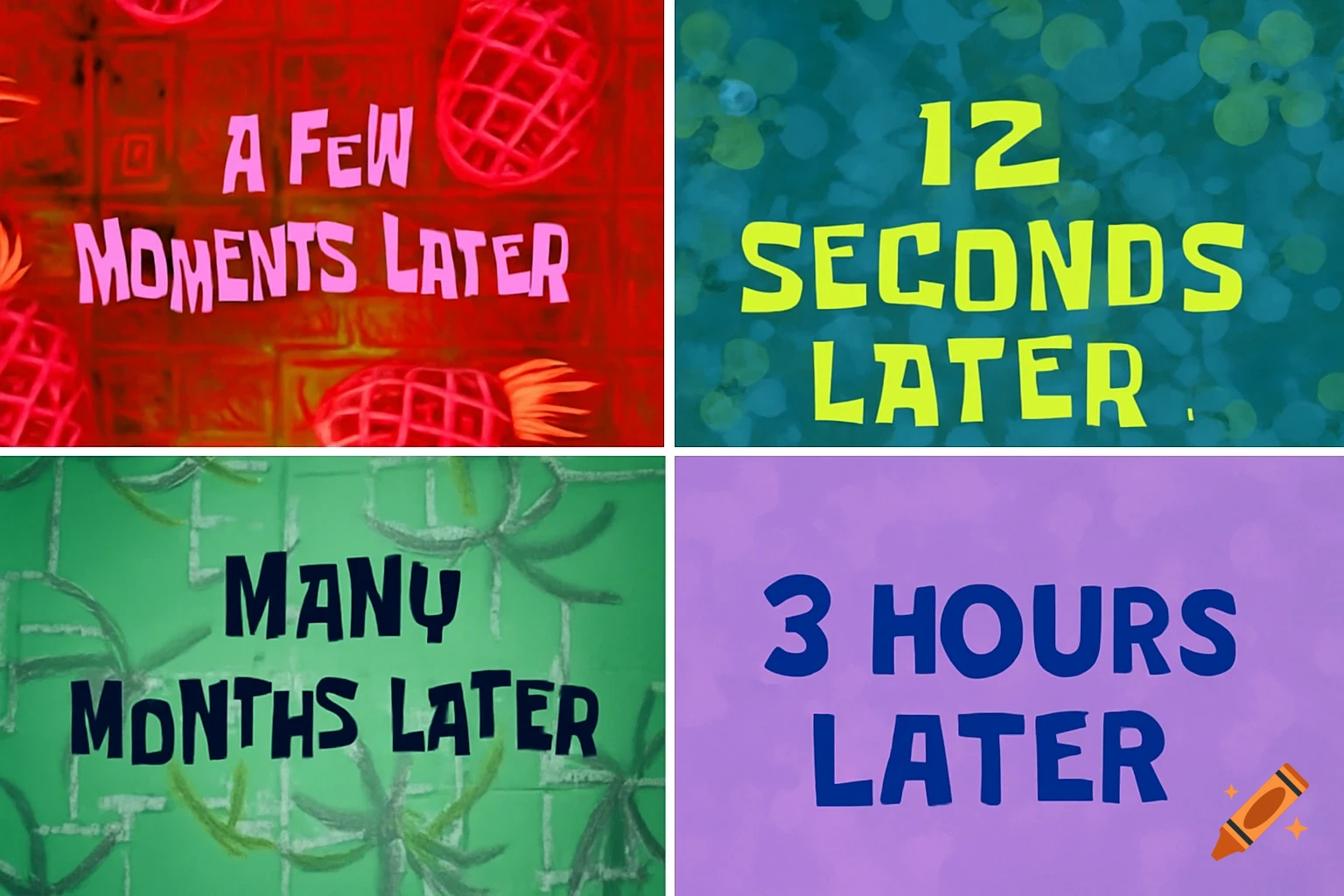 Four cartoon time cards: A Few Moments Later, 12 Seconds Later, Many ...