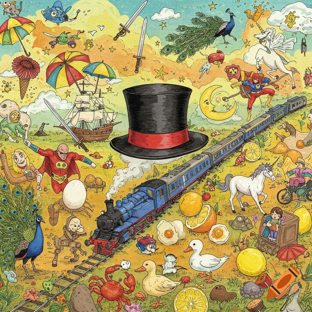 Whimsical, busy illustration with a train, top hat, peacocks, unicorns ...
