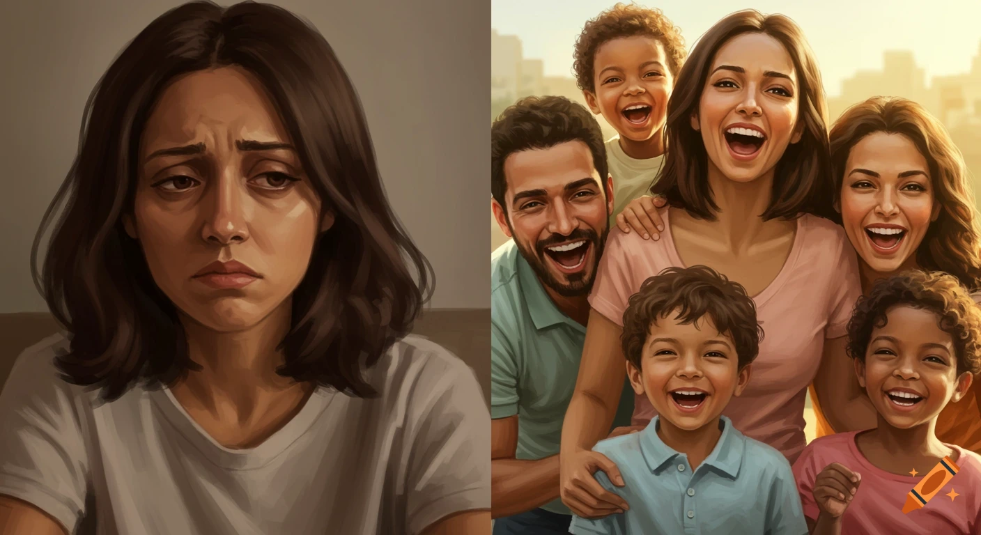 A split screen image showing a sad woman on the left and a happy family on the right. on Craiyon