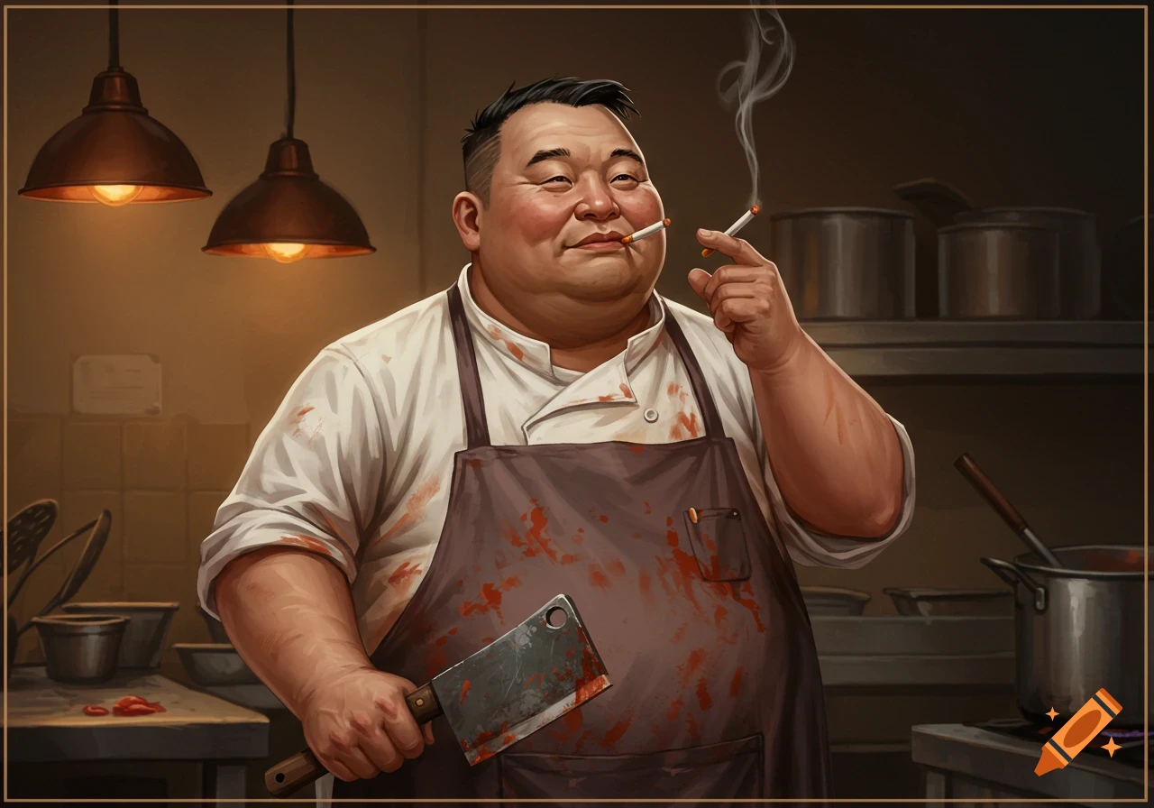 An overweight Asian chef with a stained apron holds a cleaver and ...