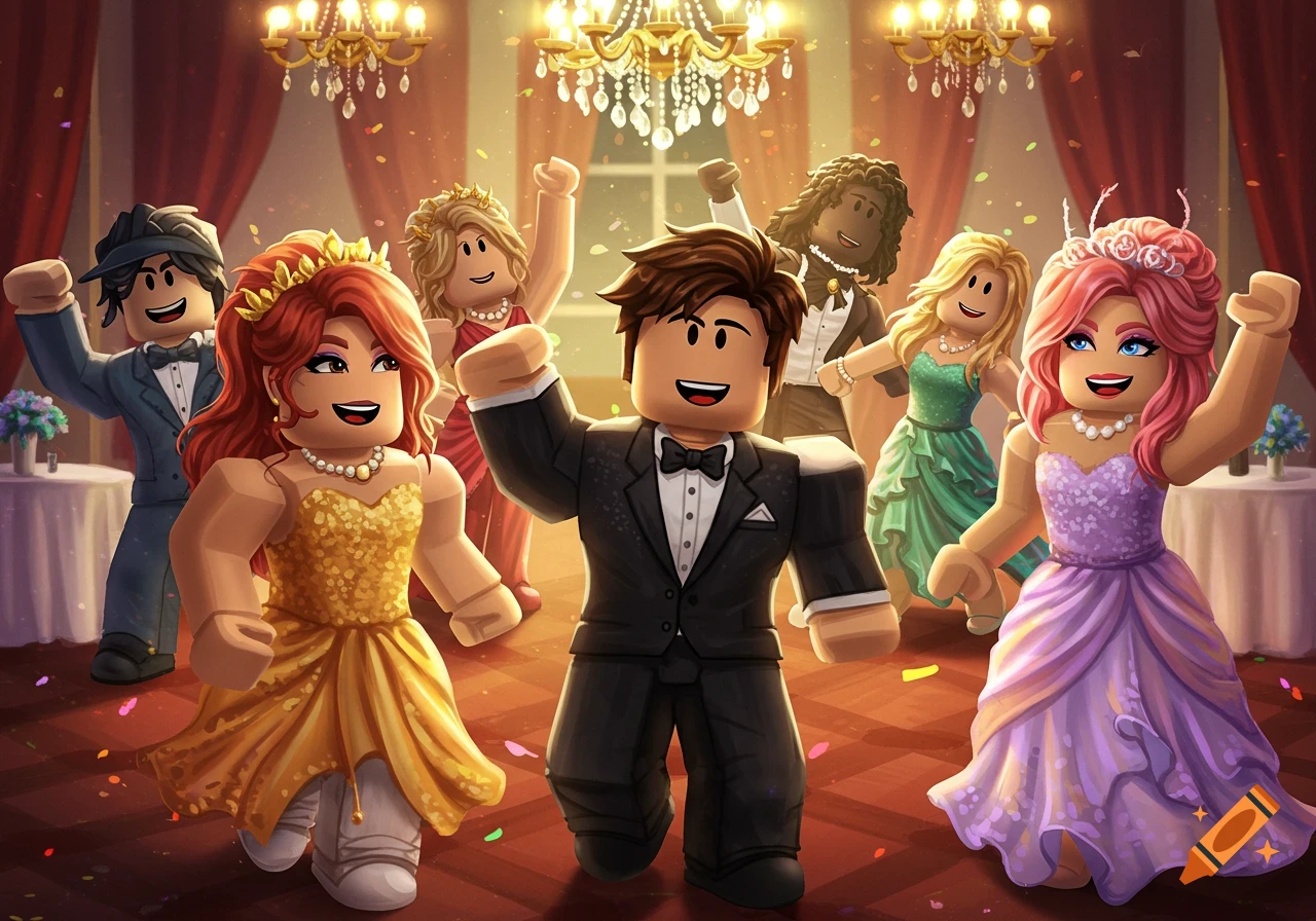 Roblox characters in formal attire celebrating at a party with confetti ...