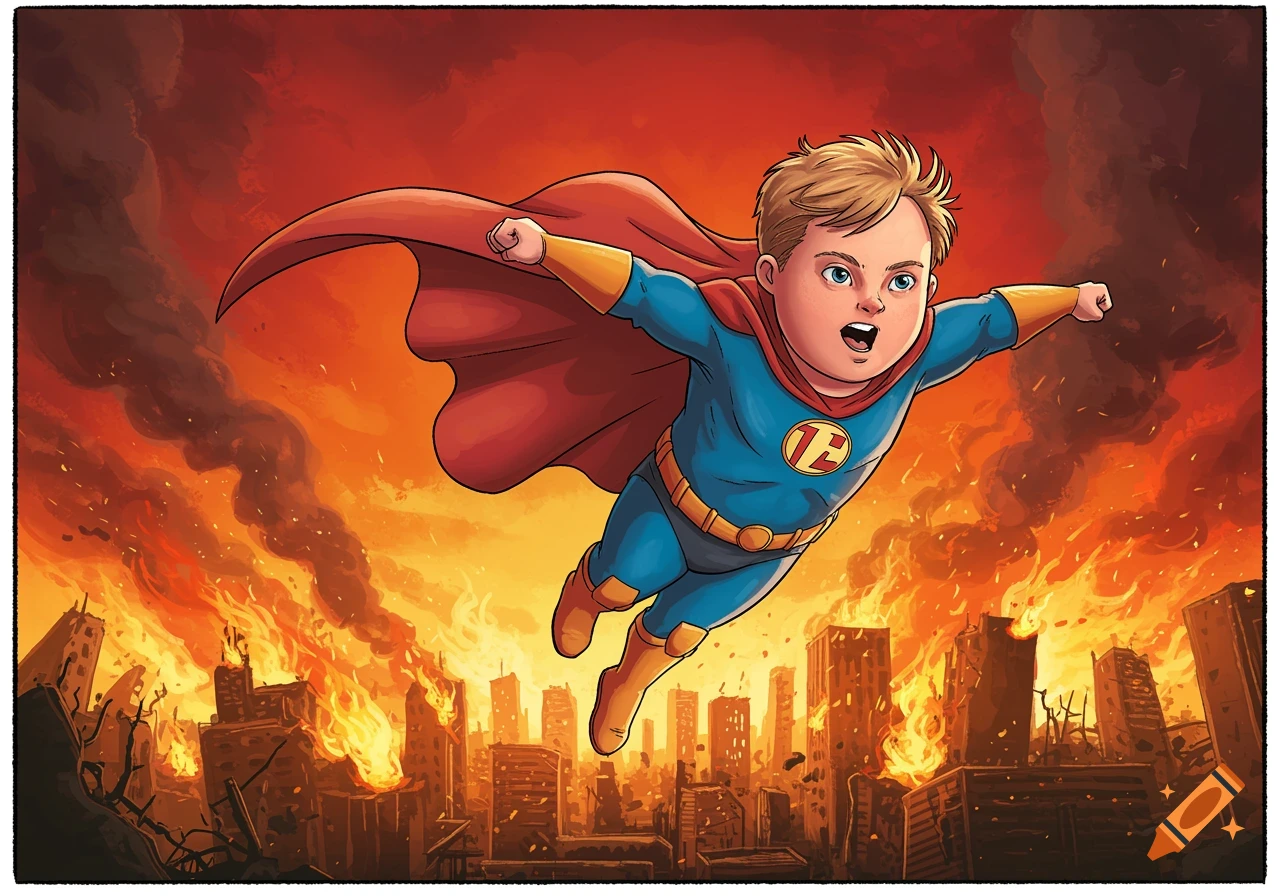 Comic art illustration of a superhero child flying over a burning city ...