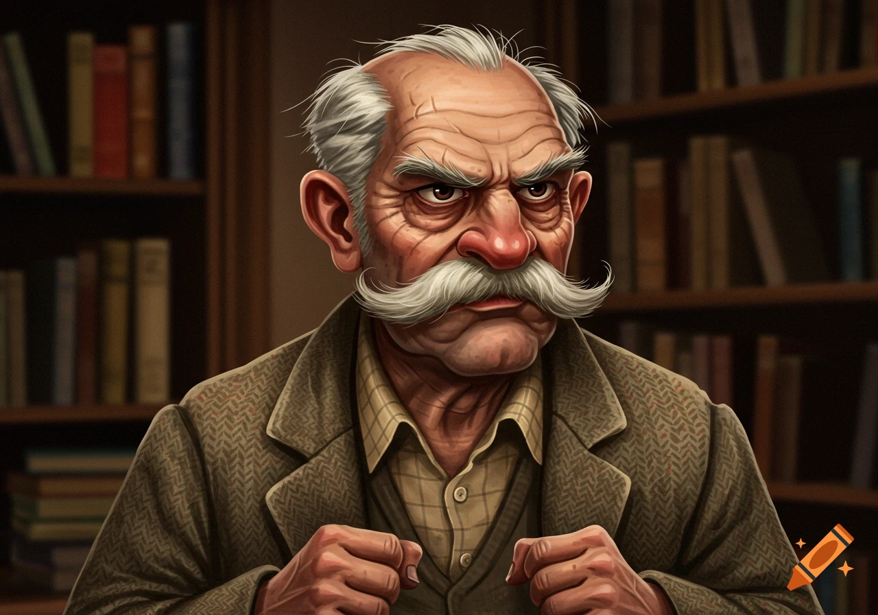 Illustration of a grumpy old man with a large mustache in a library. on ...