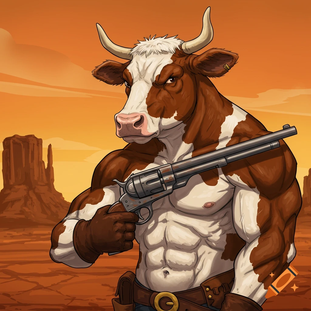 Muscular anthropomorphic cow in a western desert holding a large revolver. on Craiyon