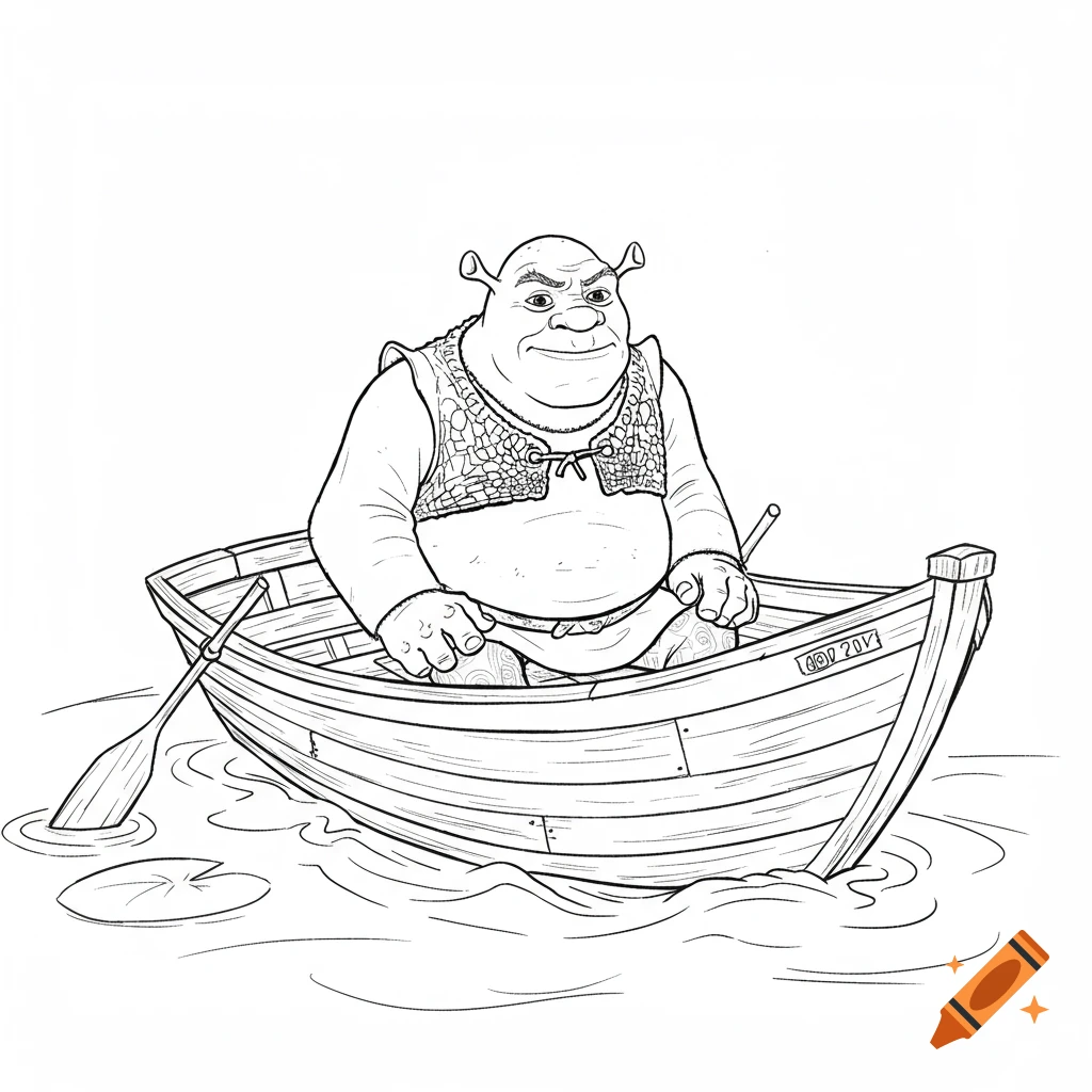 Line art of Shrek sitting in a boat on water. on Craiyon