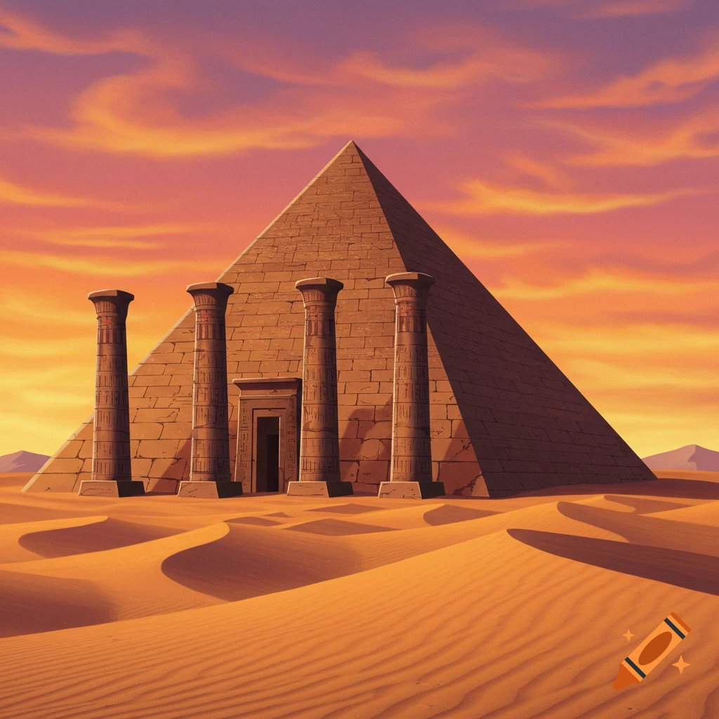 Illustration of an Egyptian pyramid with four pillars in the desert at ...
