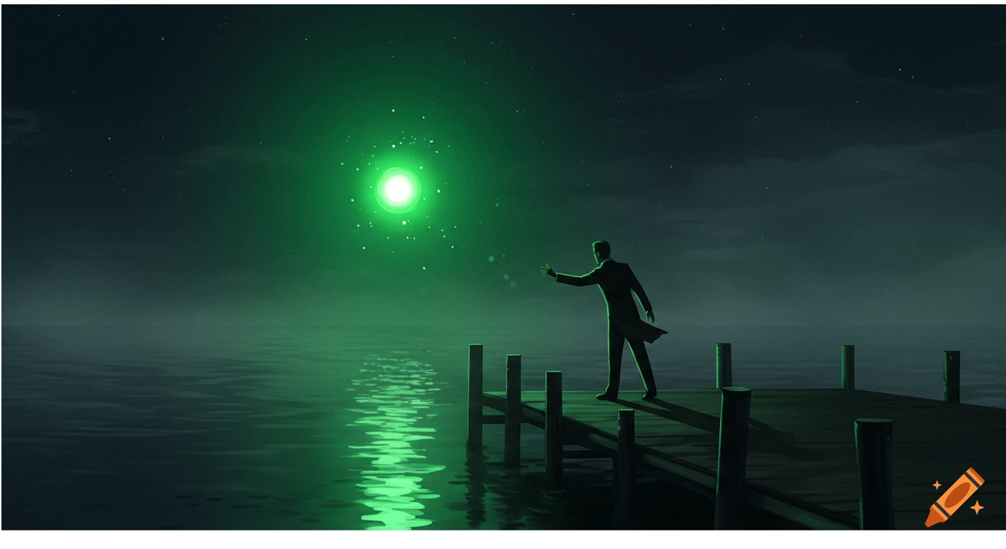 A man in a suit stands on a dock reaching towards a bright green light ...