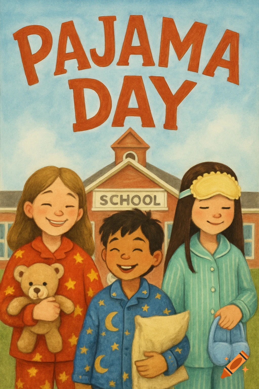 Illustration of three children in pajamas in front of a school with ...