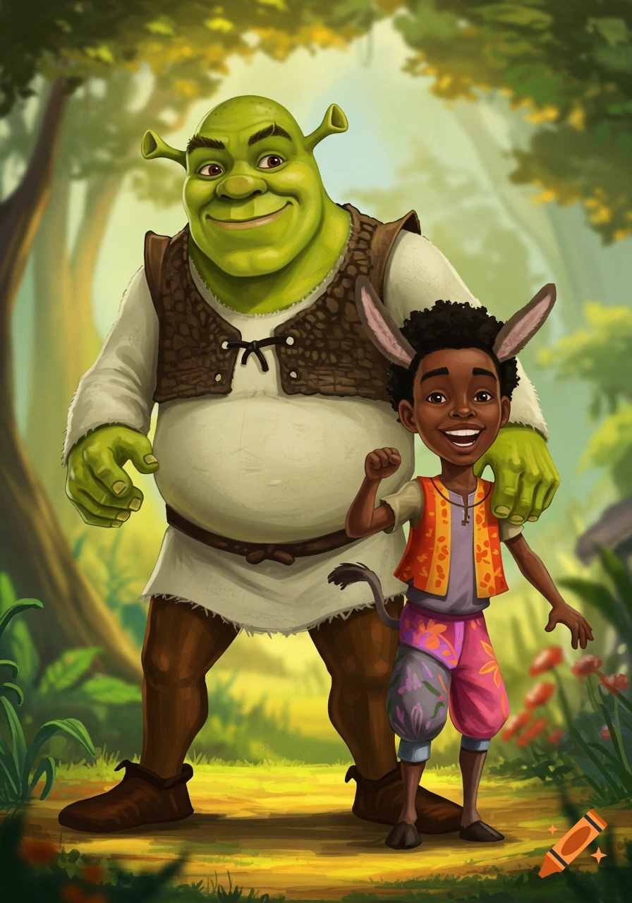 Illustration of Shrek standing next to a young boy with donkey ears and ...