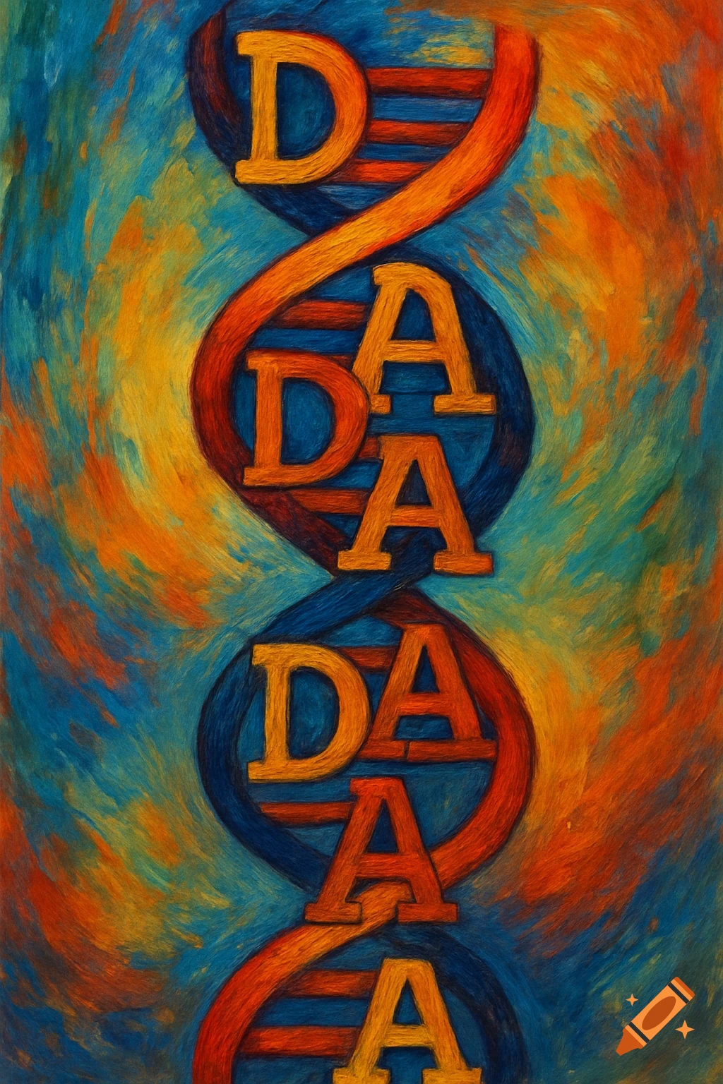Stylized DNA helix formed by repeating letters D and A in a colorful ...