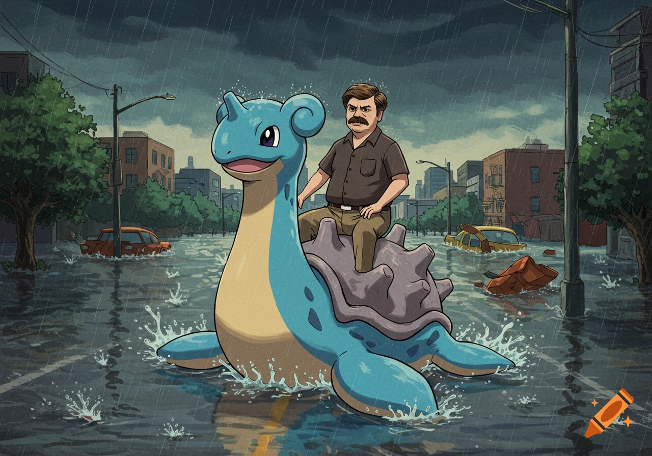 A cartoon illustration of Ron Swanson riding on a Lapras in a flooded ...
