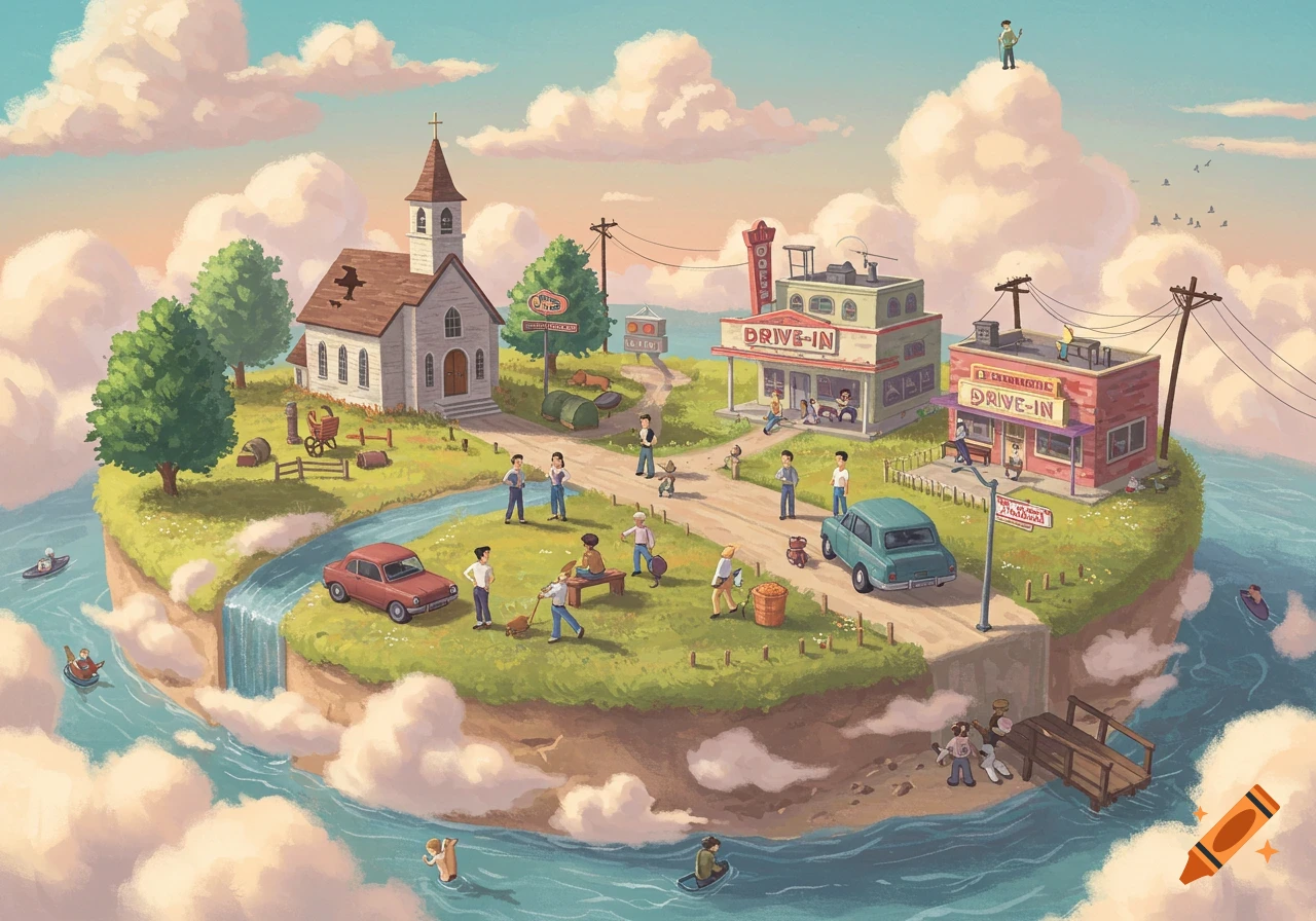 Illustrative floating island with a church, drive-ins, people, cars ...