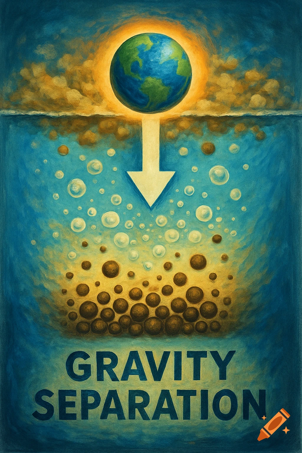 Illustration showing gravity separation with Earth, arrow, separating ...