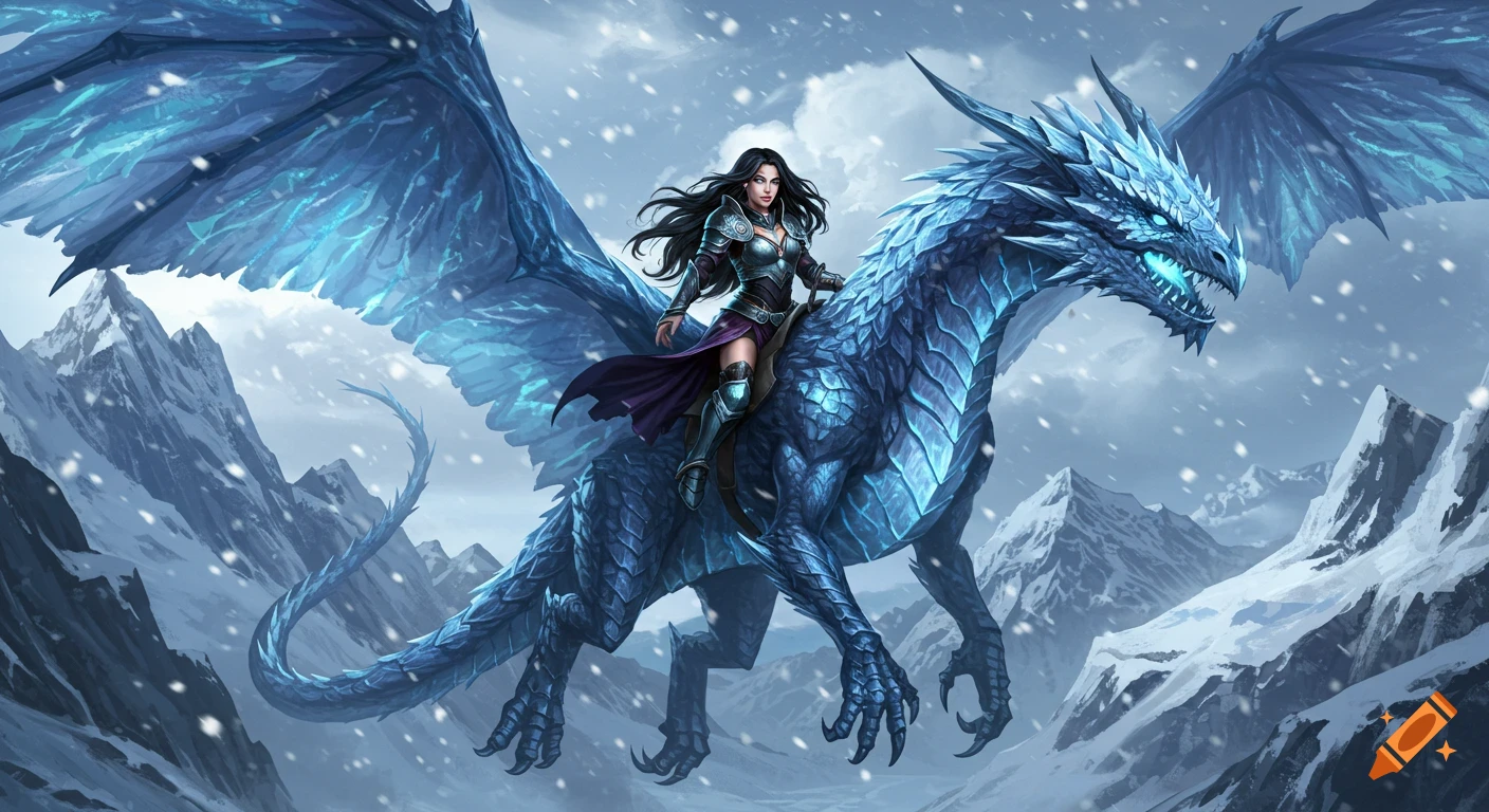 A woman in fantasy armor rides a large blue ice dragon over snowy ...