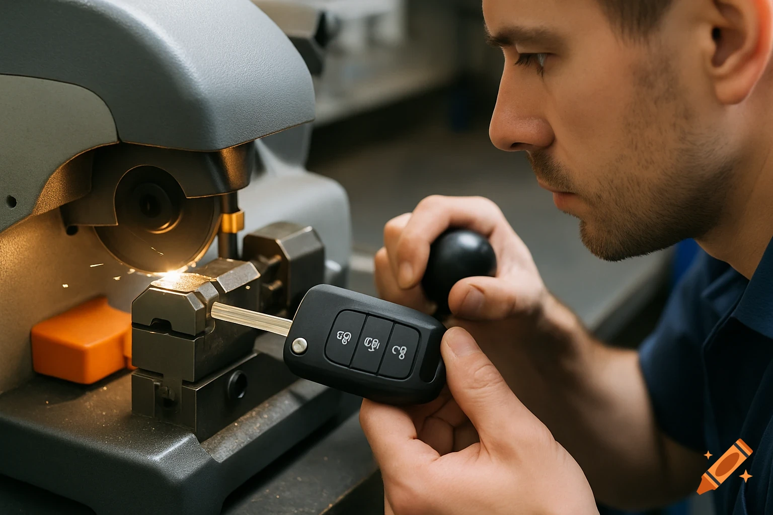 Man cutting a car key blade on a key cutting machine in a workshop. on ...
