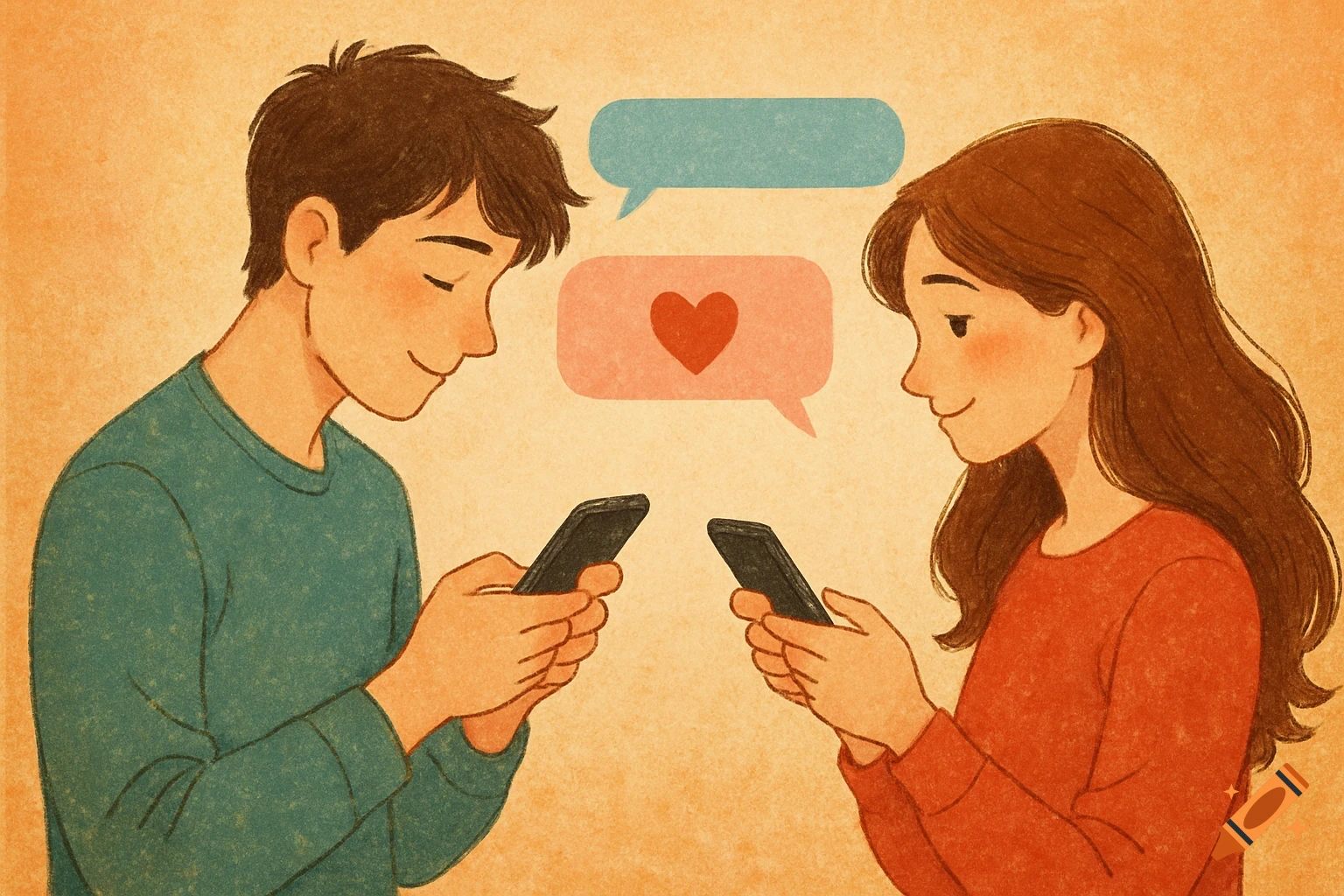 Illustration of a couple texting on phones with chat bubbles and a ...