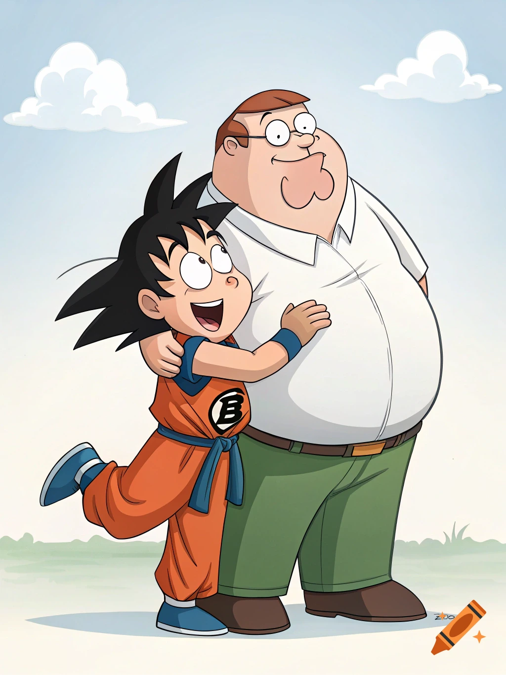 Cartoon crossover of child Goku hugging Peter Griffin. on Craiyon