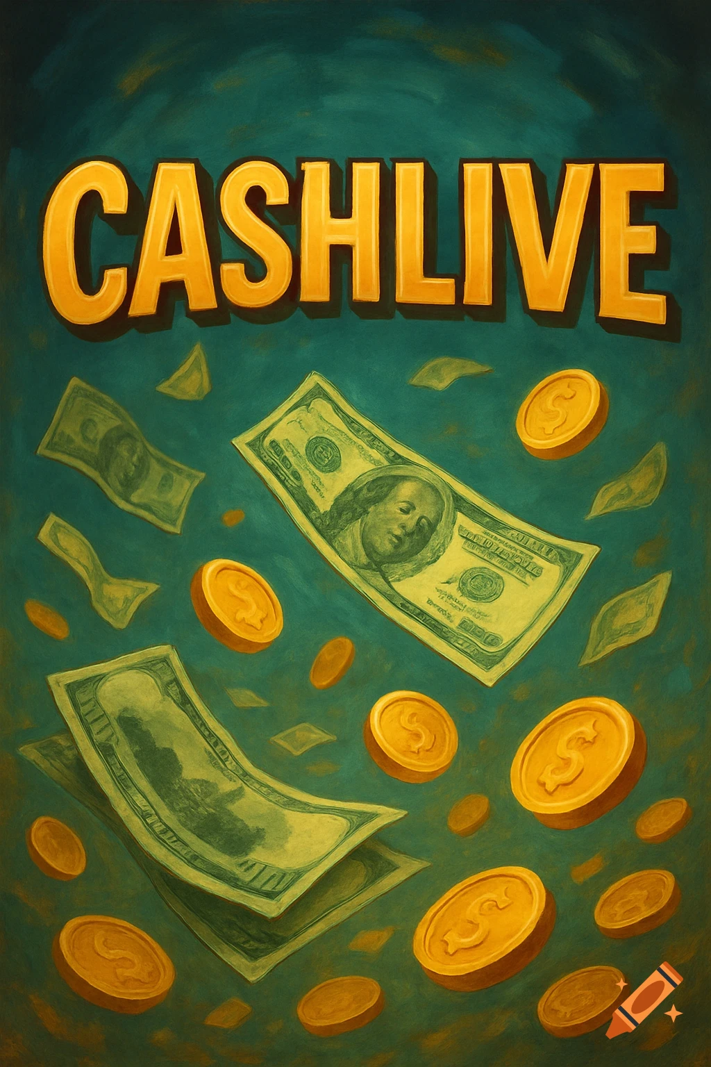 The word CASHLIVE floating above falling cash and gold coins in an ...