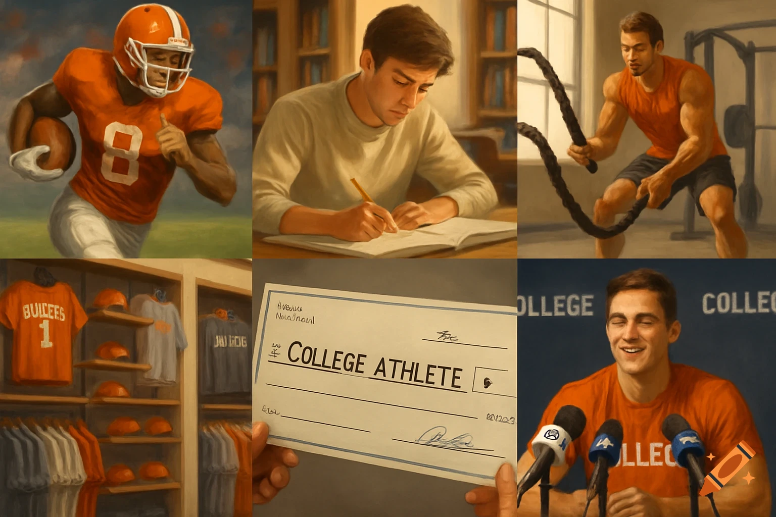 Split image shows scenes of a college athlete playing football ...