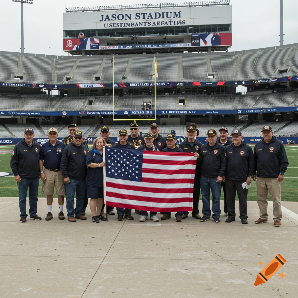 A group of people holds a large American flag on a football field in a ...