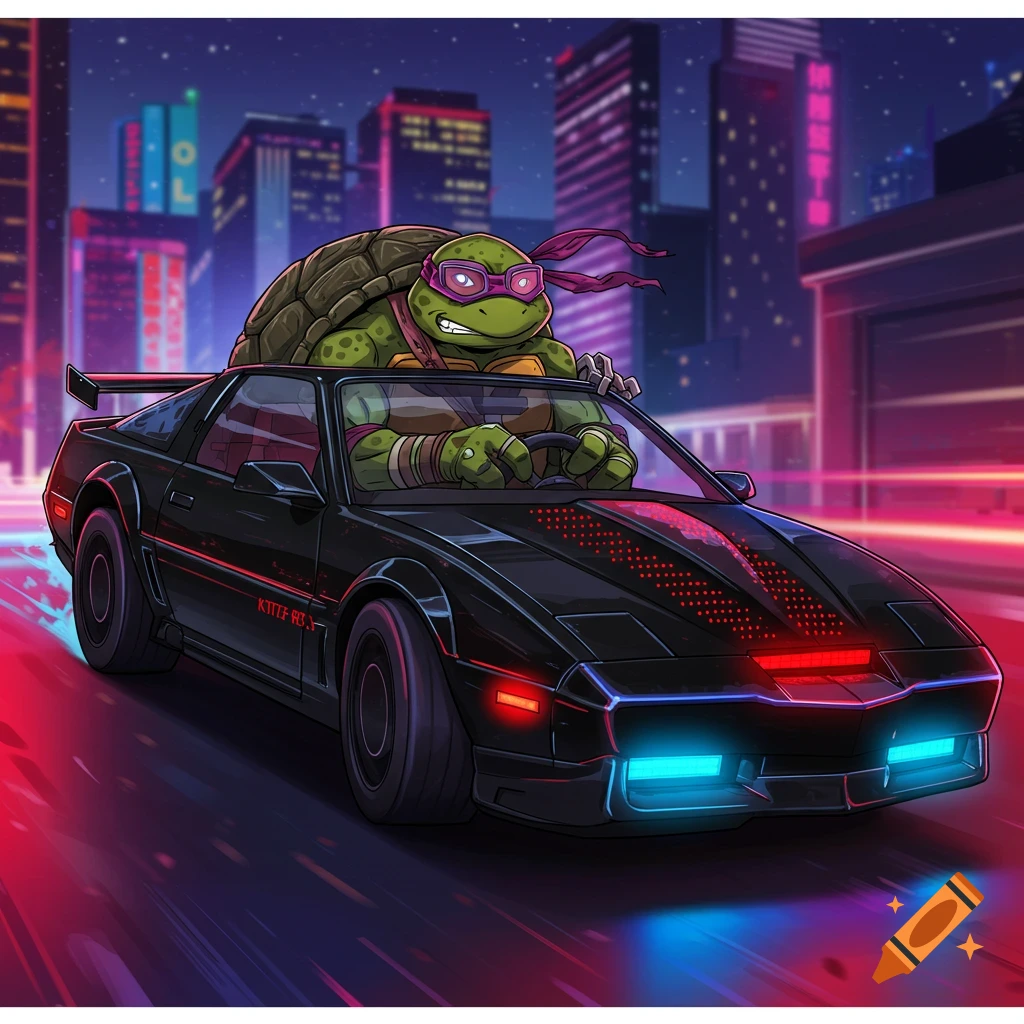 Cartoon Teenage Mutant Ninja Turtle driving the KITT car through a neon ...