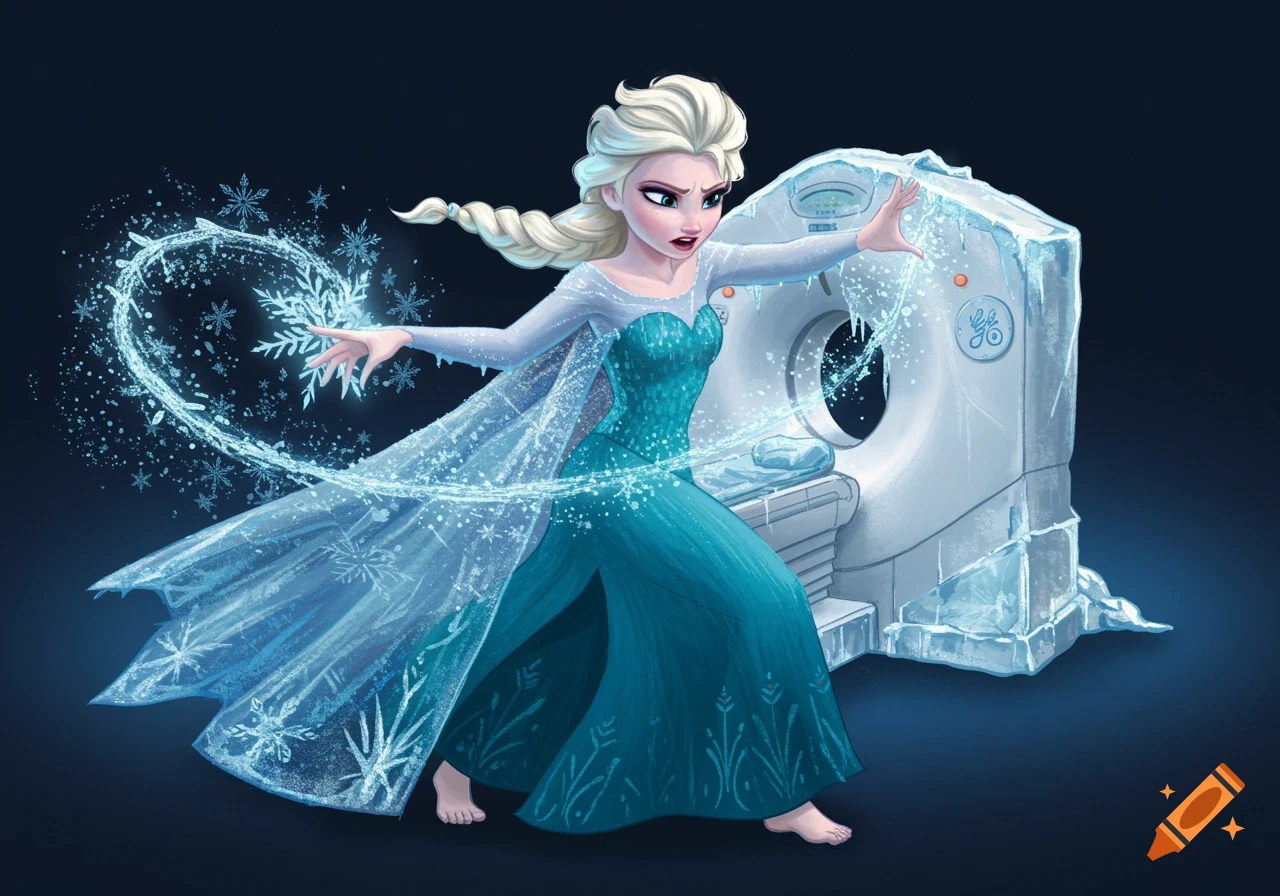 Elsa from Frozen using ice powers to freeze a GE CT machine. on Craiyon