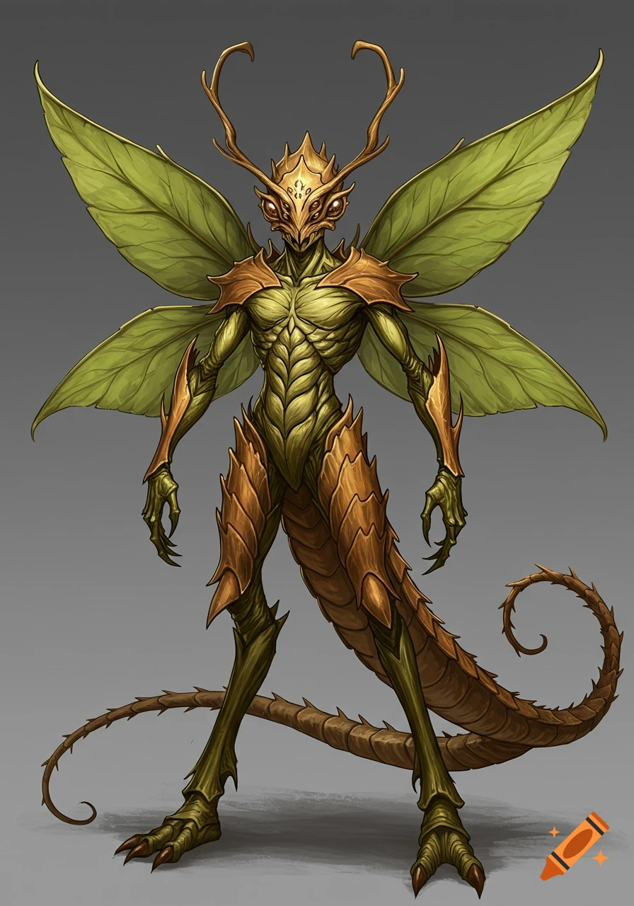 Full body illustration of a fantasy insect-like creature with leaf ...