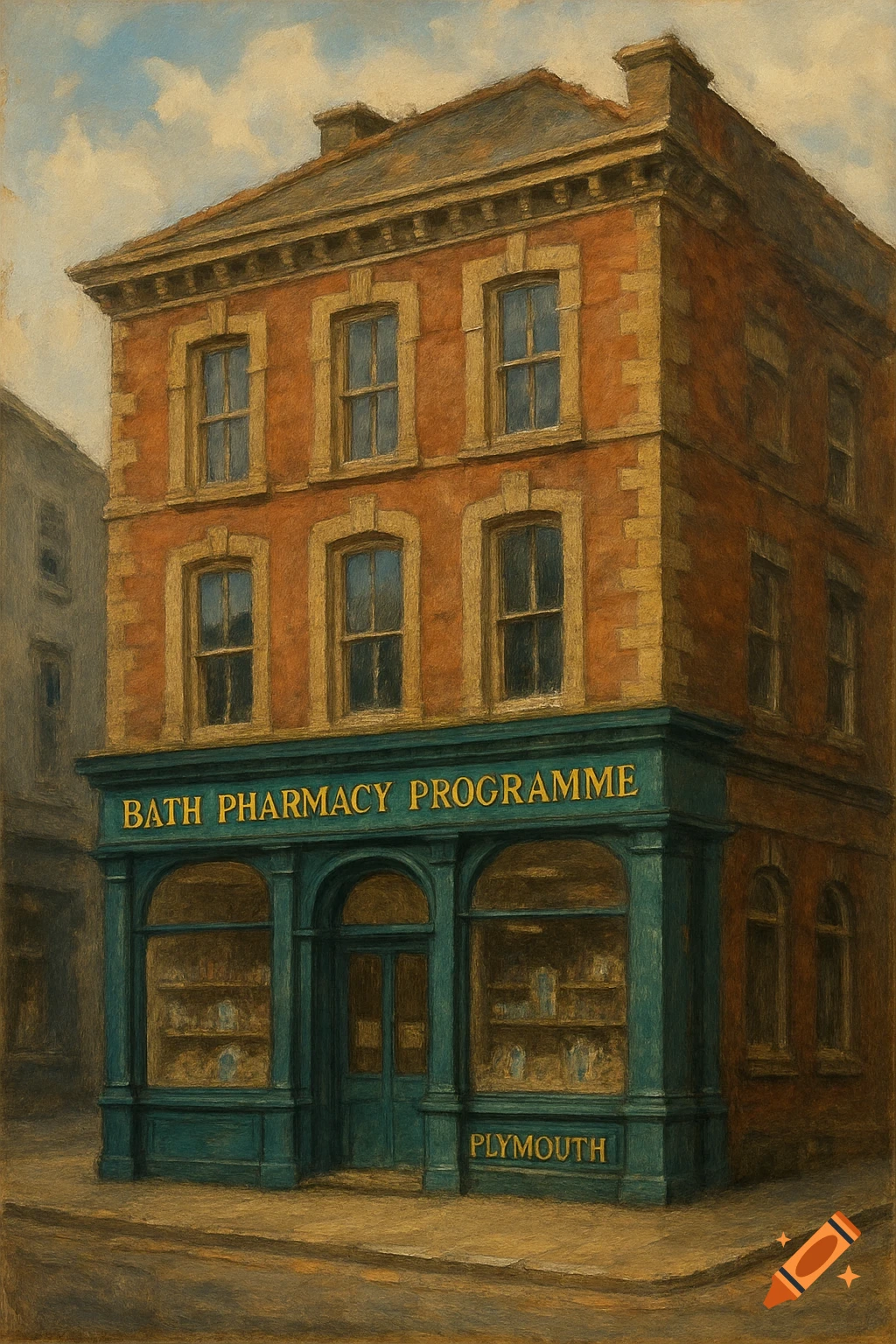 A brick building with a teal storefront for 'Bath Pharmacy Programme ...