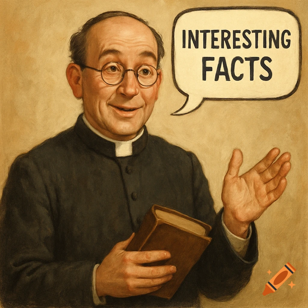 A smiling priest with glasses holds a book and points to a speech ...