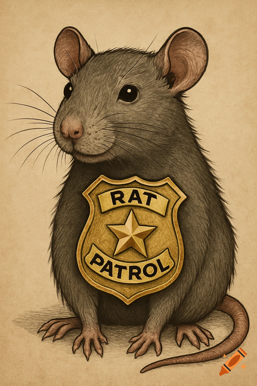 Illustration of a rat wearing a 'RAT PATROL' police badge. on Craiyon