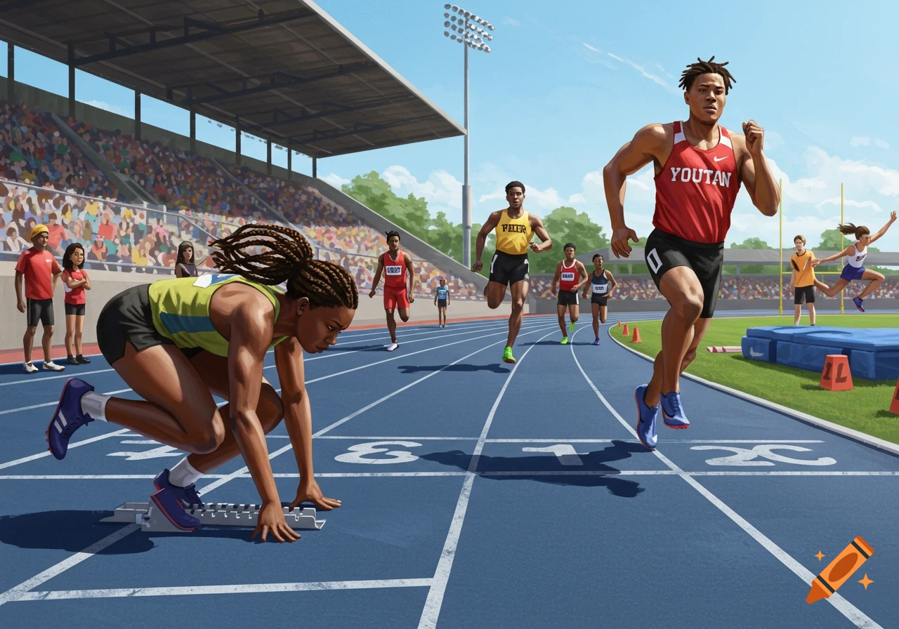 Track and field athletes compete in a race at a stadium with spectators ...