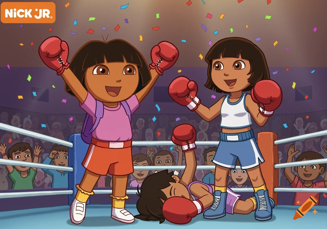 Cartoon of Dora the Explorer celebrating boxing victory in ring over ...