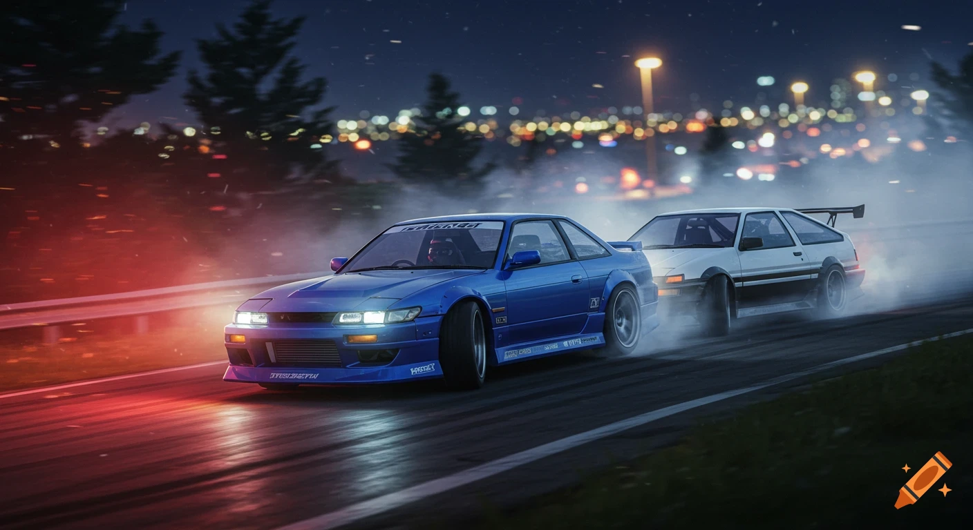 Blue and white drift cars slide on a wet road at night, smoke trails ...