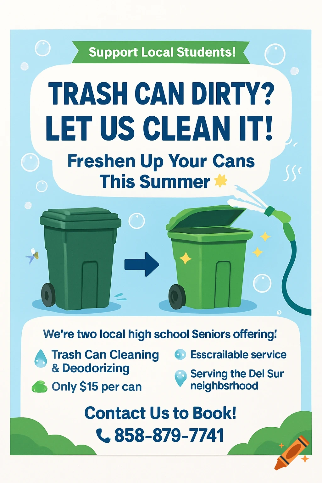 Illustrated flyer advertising trash can cleaning service with before ...