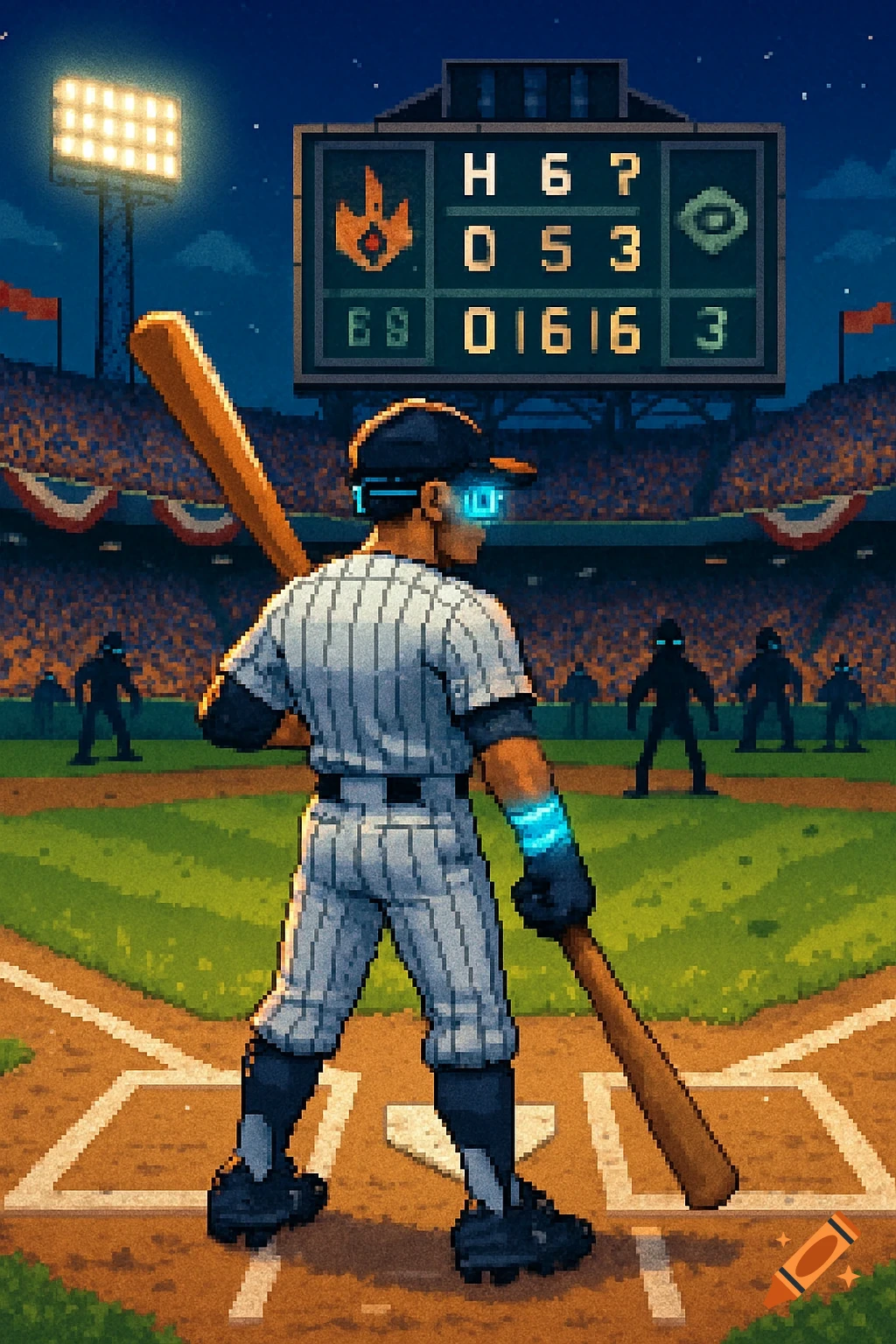 Pixel art baseball player with glowing visor at home plate in stadium ...