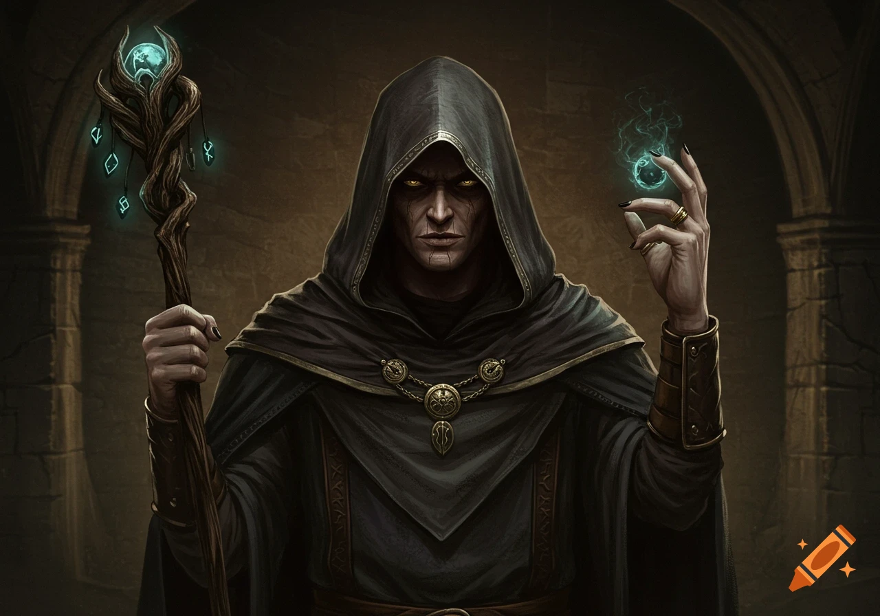 A hooded fantasy figure holding a staff and conjuring magic in a dark ...