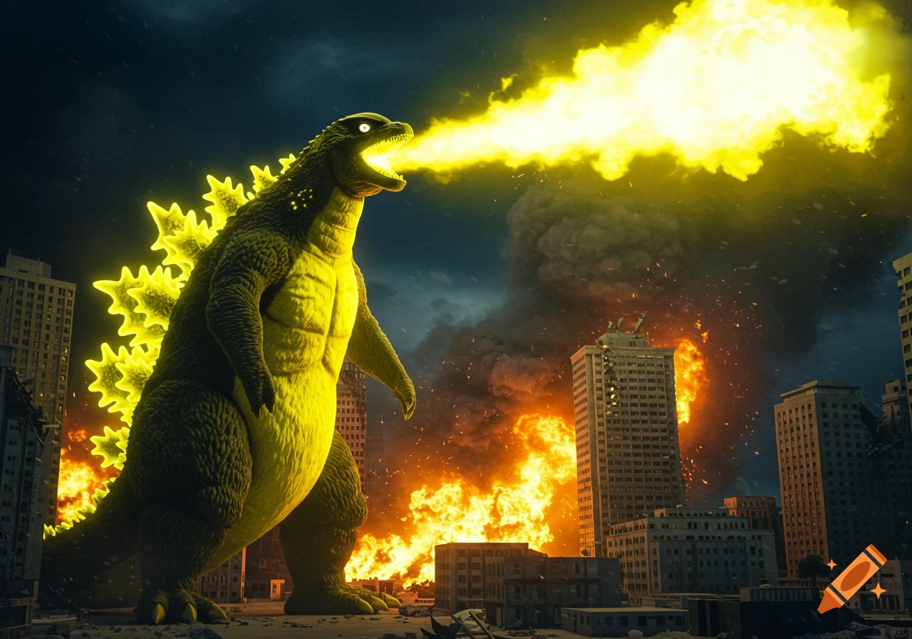 Giant monster similar to Godzilla breathes yellow fire, destroying a ...