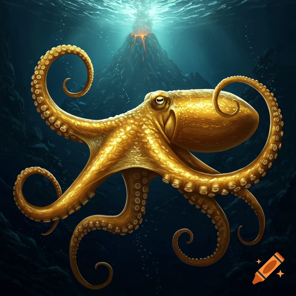 A golden octopus swims underwater near a glowing volcanic eruption, in ...