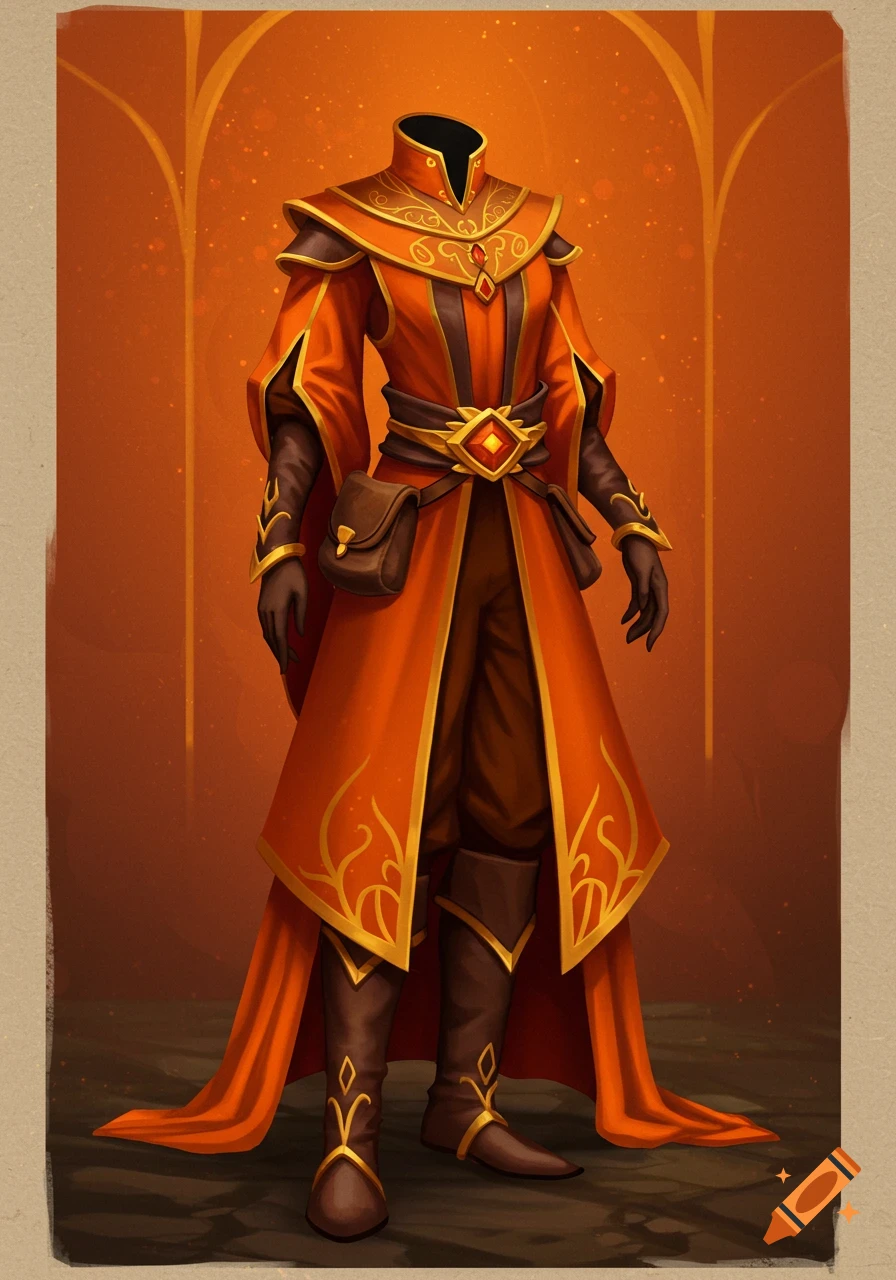 Elaborate orange and gold fantasy robe and armor set on a headless ...