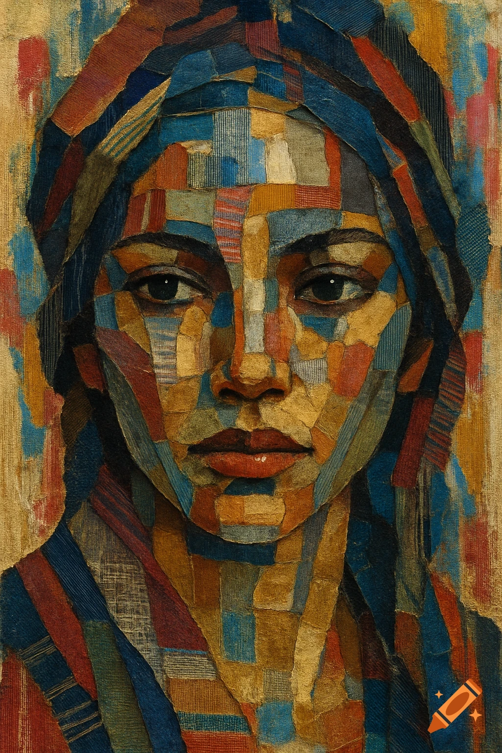 Colorful mixed media collage portrait of a person's face. on Craiyon