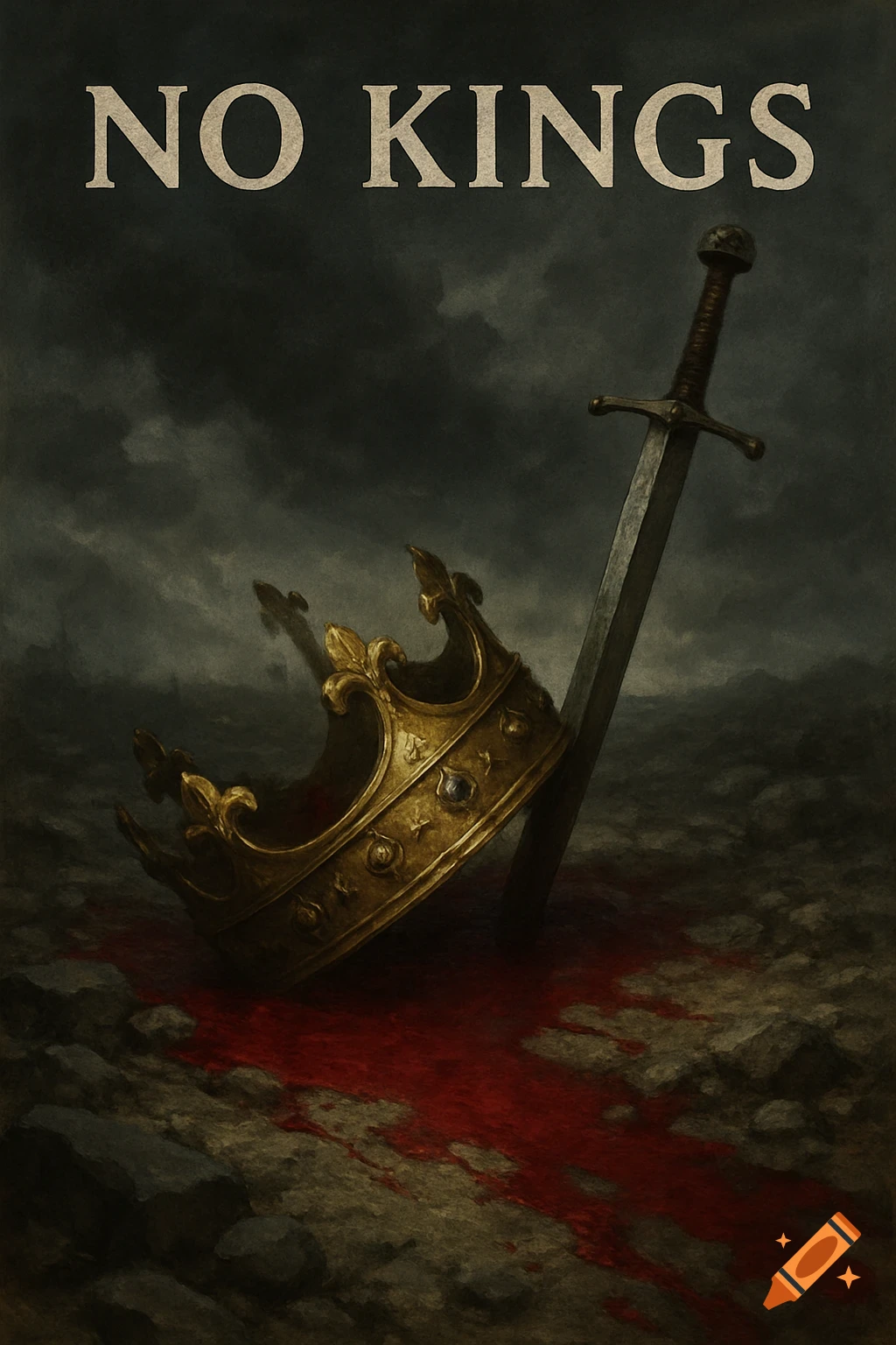 A medieval crown and sword on rocky ground with blood, under dark ...