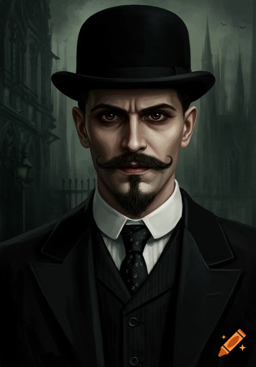 Portrait of a gothic man with a goatee and handlebar mustache, wearing ...