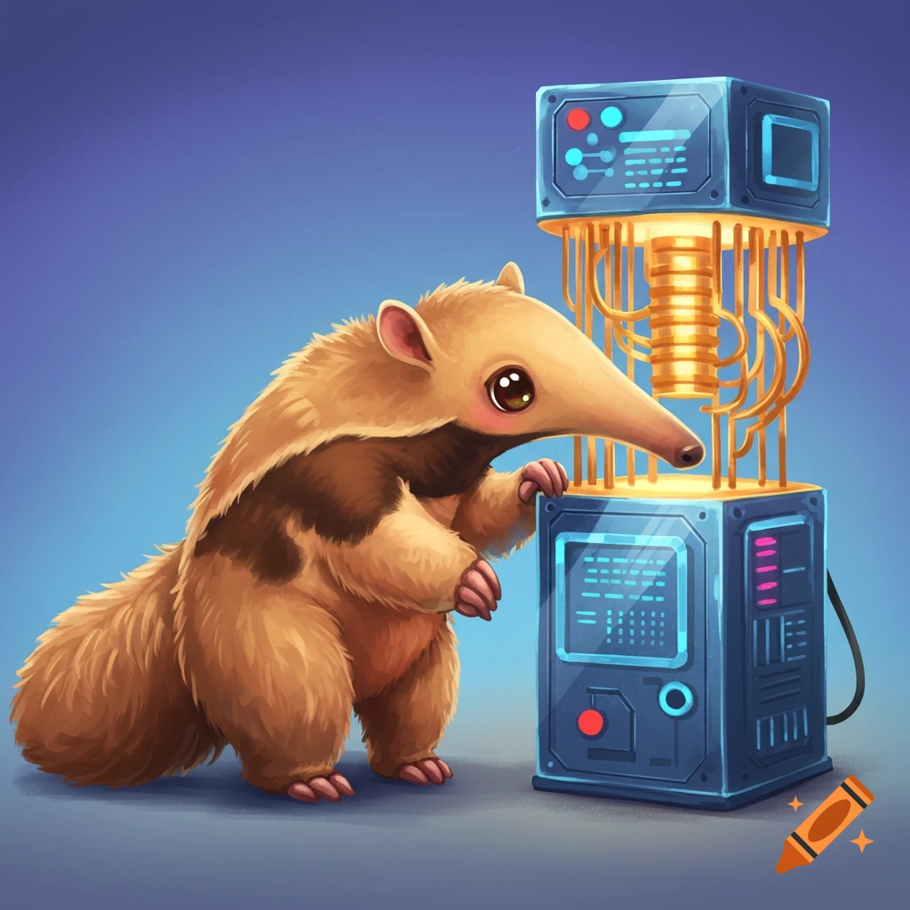 A cute cartoon anteater leans on a blue quantum computer with glowing ...